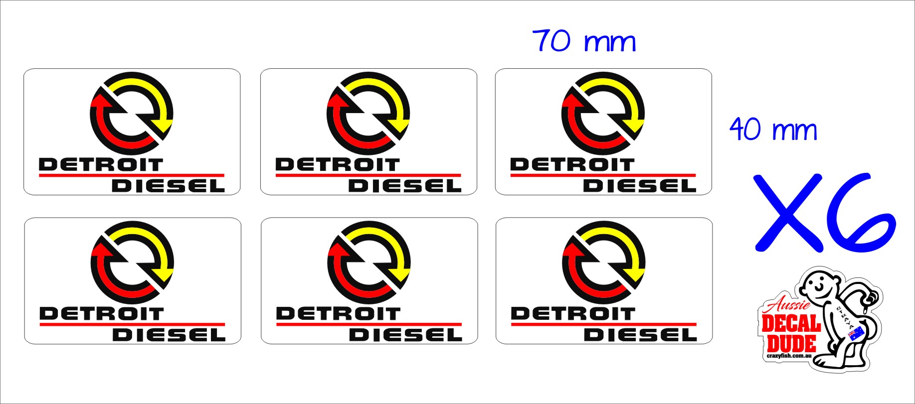 Detroit Diesel Stickers SIX (6) 70 x 40 mm each - Crazyfish
