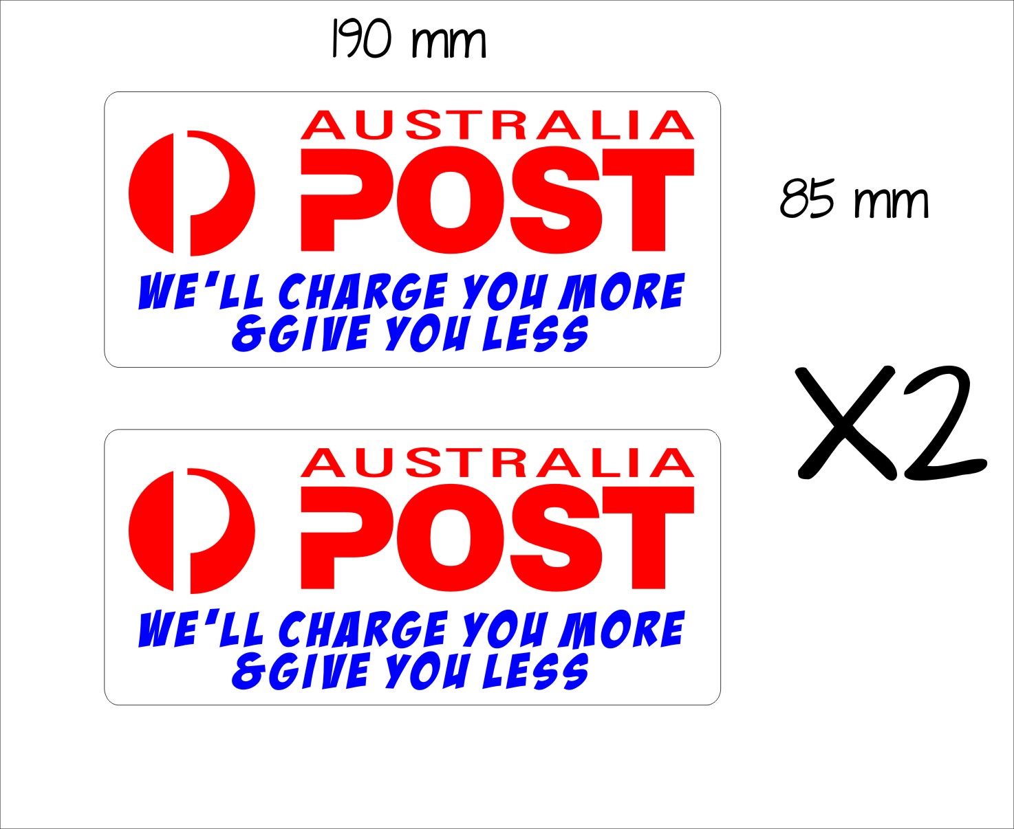 Aust Post funny Stickers TWO (2) 190 x 85 mm each - Crazyfish