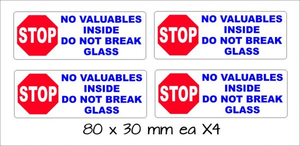 Stop No Valuables Stickers FOUR (4) 80 x 30 mm each - Crazy Fish