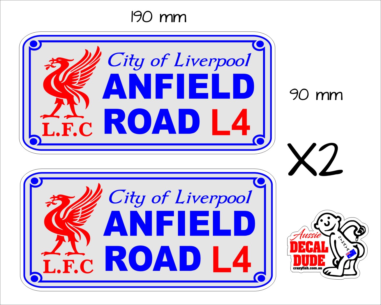 Liverpool Number plate Stickers TWO (2) 190 x 90 mm each - Crazy Fish