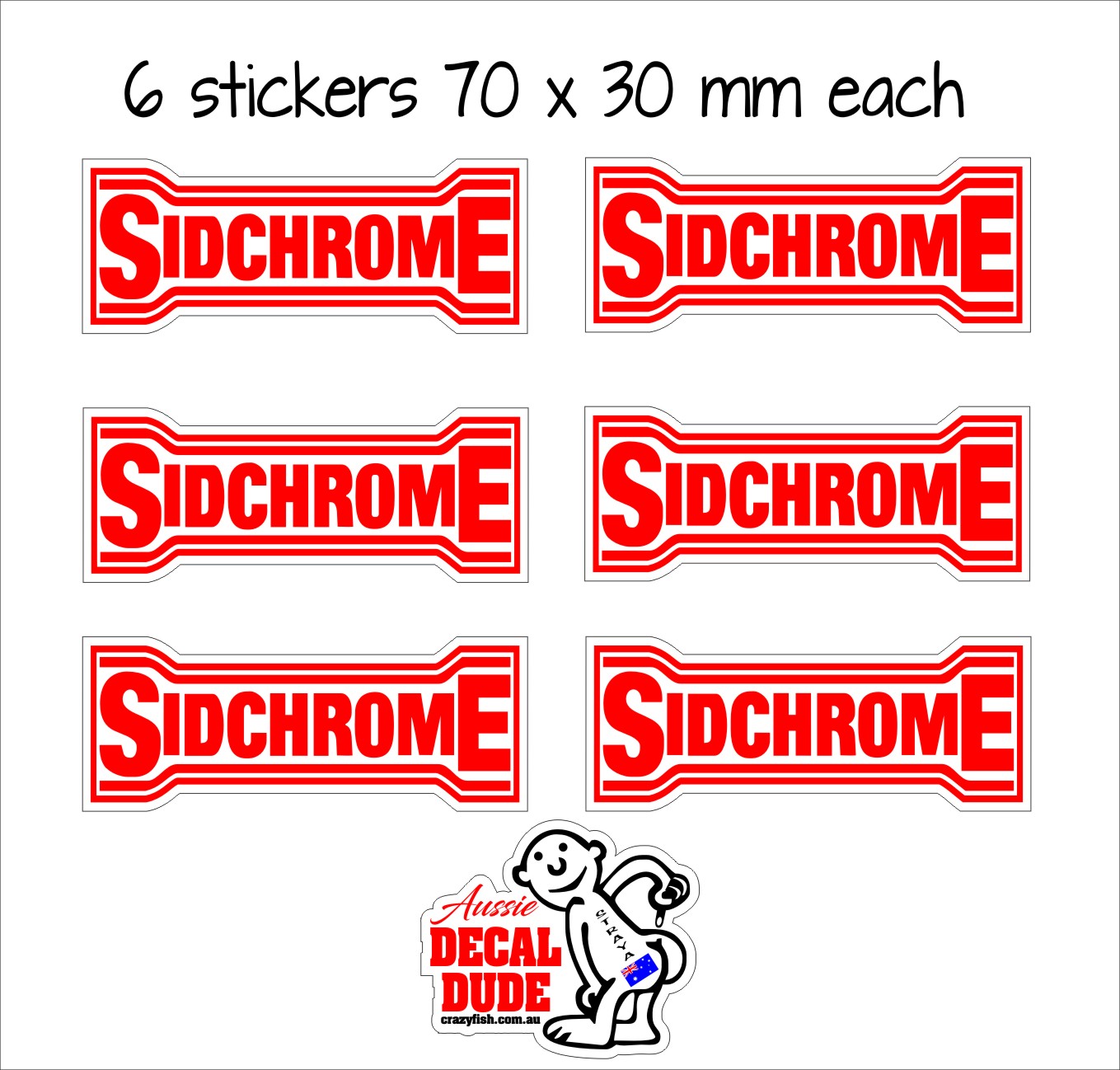 SIDCHROME Stickers SIX (6) 70 x 30 mm each - Crazyfish