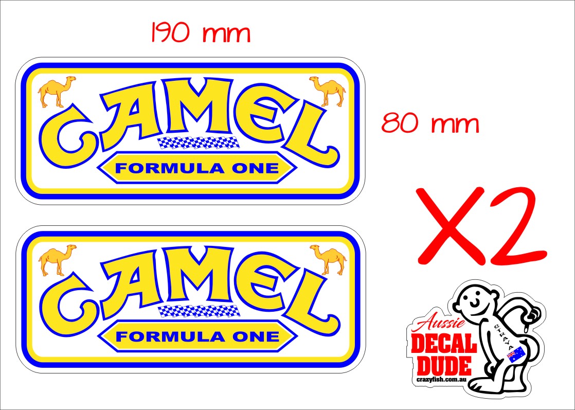 Camel F1 retro Stickers TWO (2) 190 x 80 mm each - Crazyfish