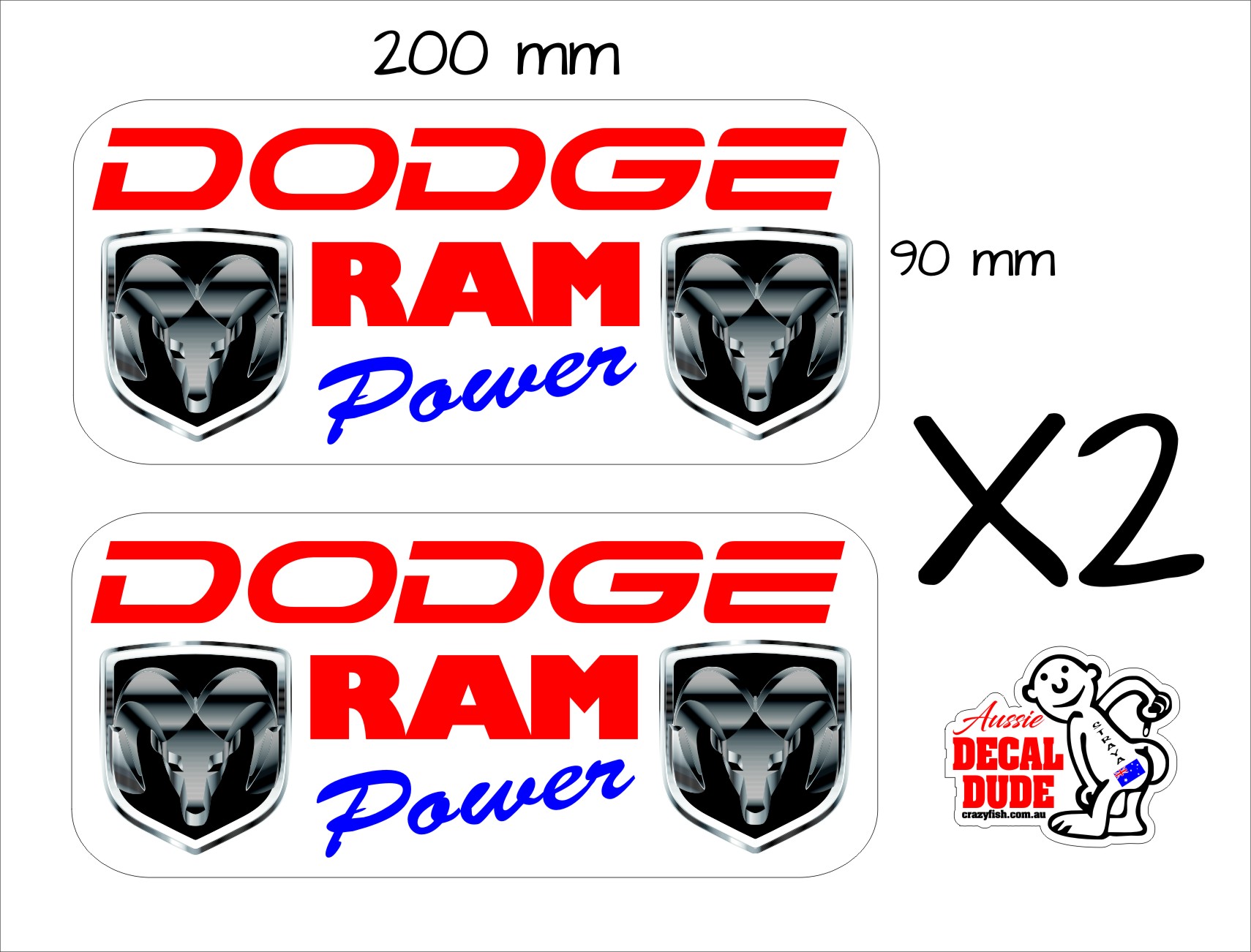 Dodge RAM Power Stickers TWO (2) 200 x 90 mm each - Crazy Fish