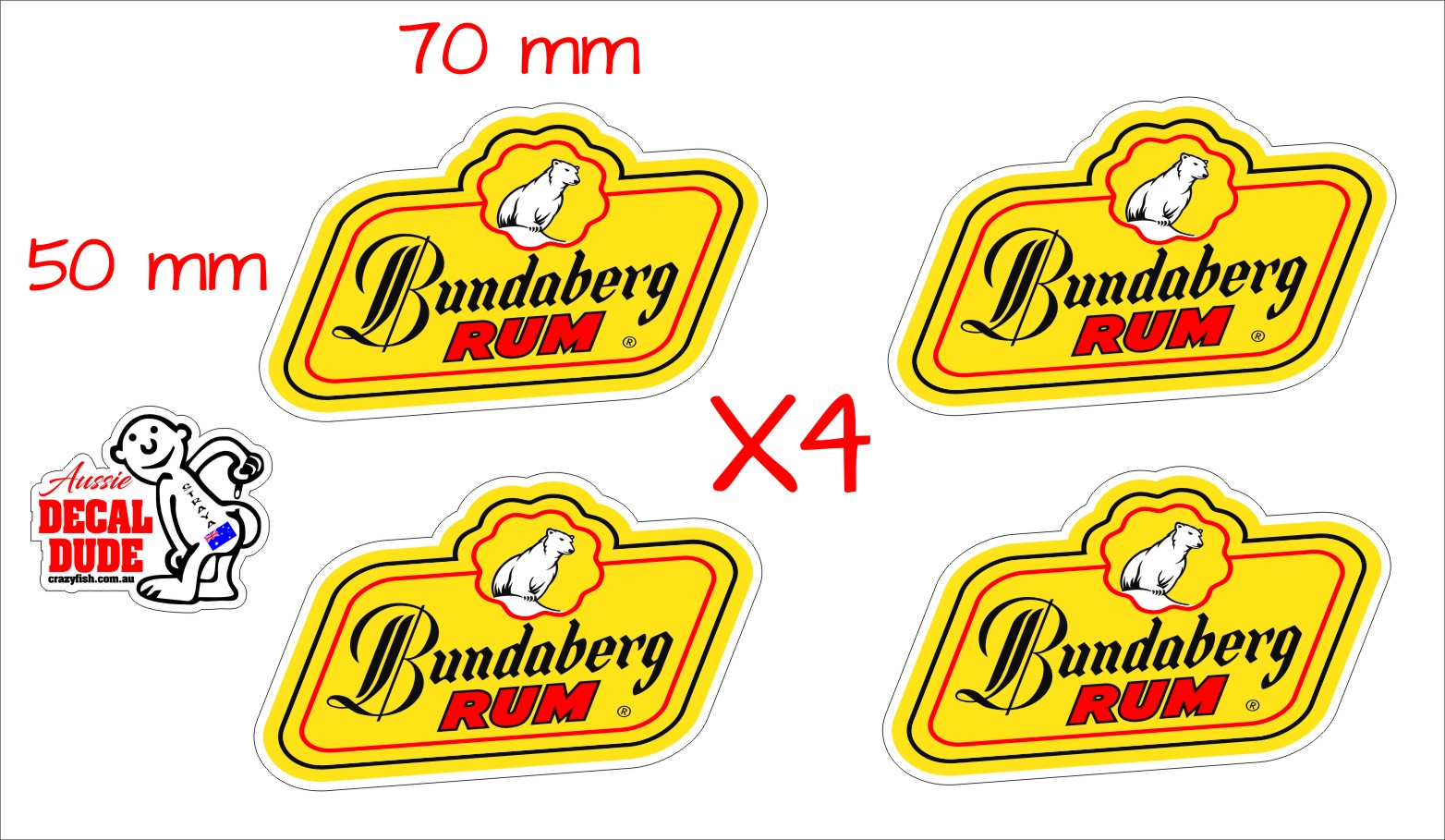 Bundy Rum Stickers FOUR (4) 70 x 50 mm each - Crazy Fish