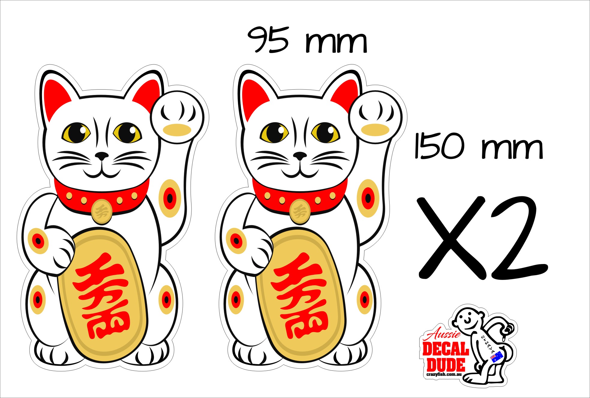 Lucky Cat Good Fortune Stickers TWO (2) 150 x 95 mm each - Crazy Fish