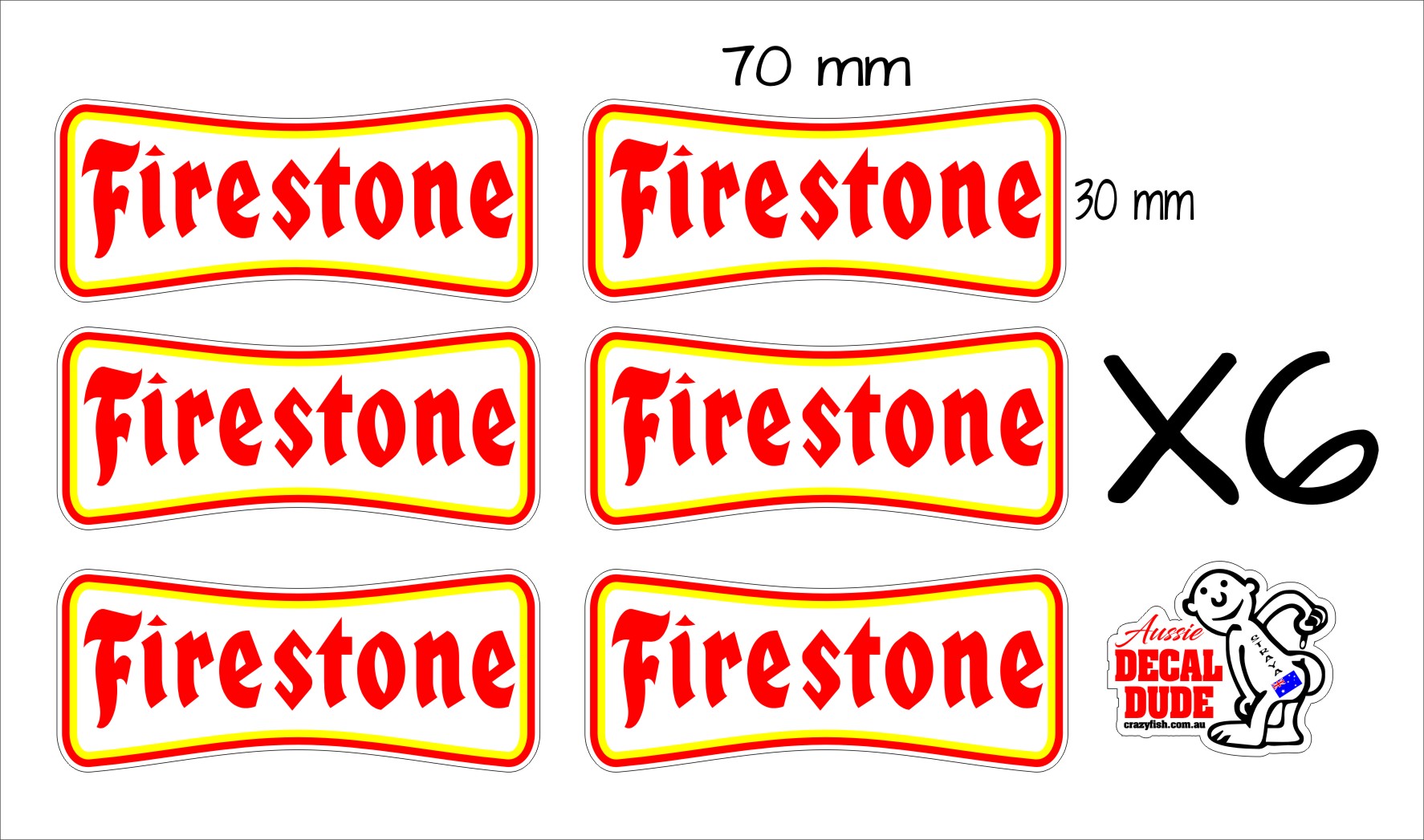 Firestone Stickers SIX (6) 70 x 30 mm each - Crazy Fish