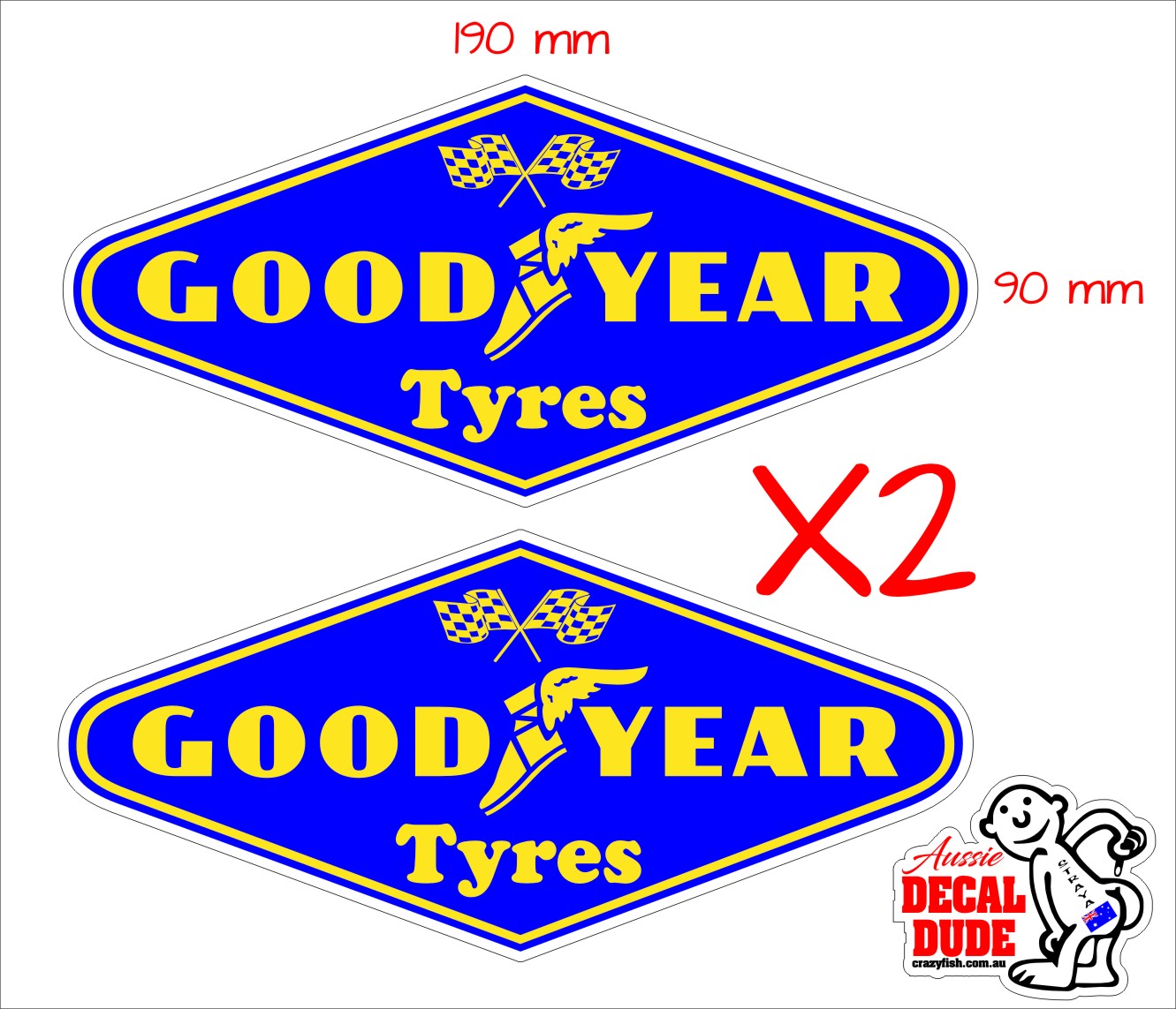 GOODYEAR Tyres Stickers TWO (2) 190 x 90 mm each - Crazy Fish