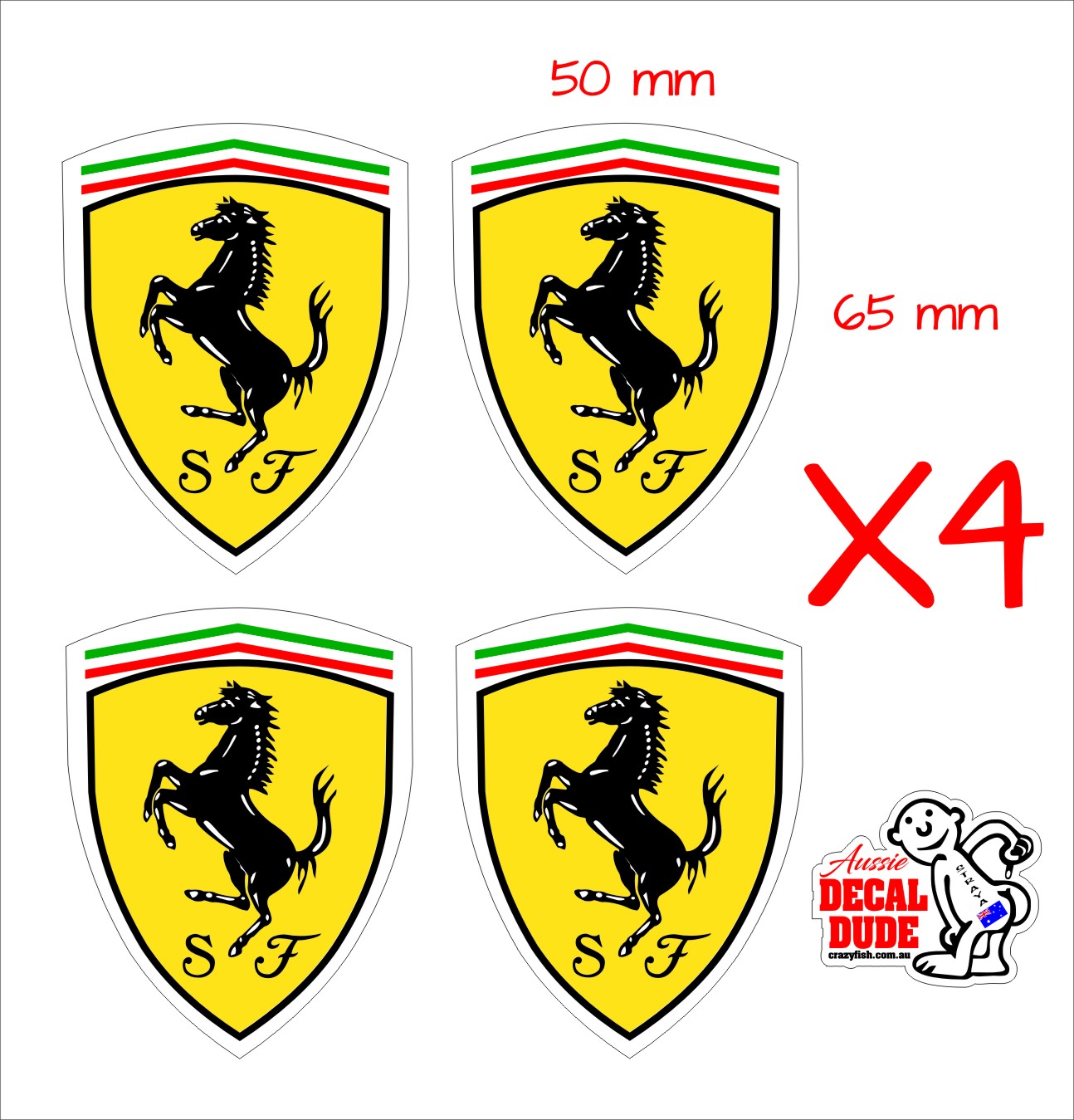Ferrari Shield Stickers FOUR (4) 50 x 65 mm each - Crazy Fish
