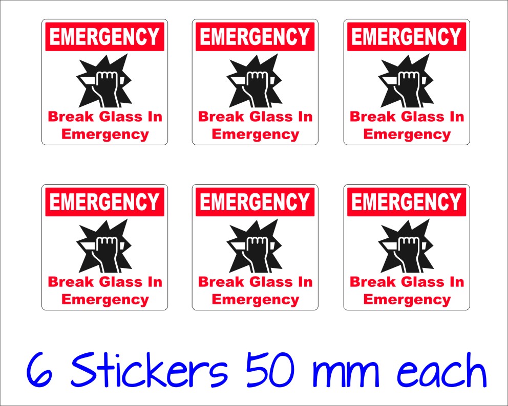 Emergency Break Glass Stickers SIX (6) 50 mm each - Crazy Fish