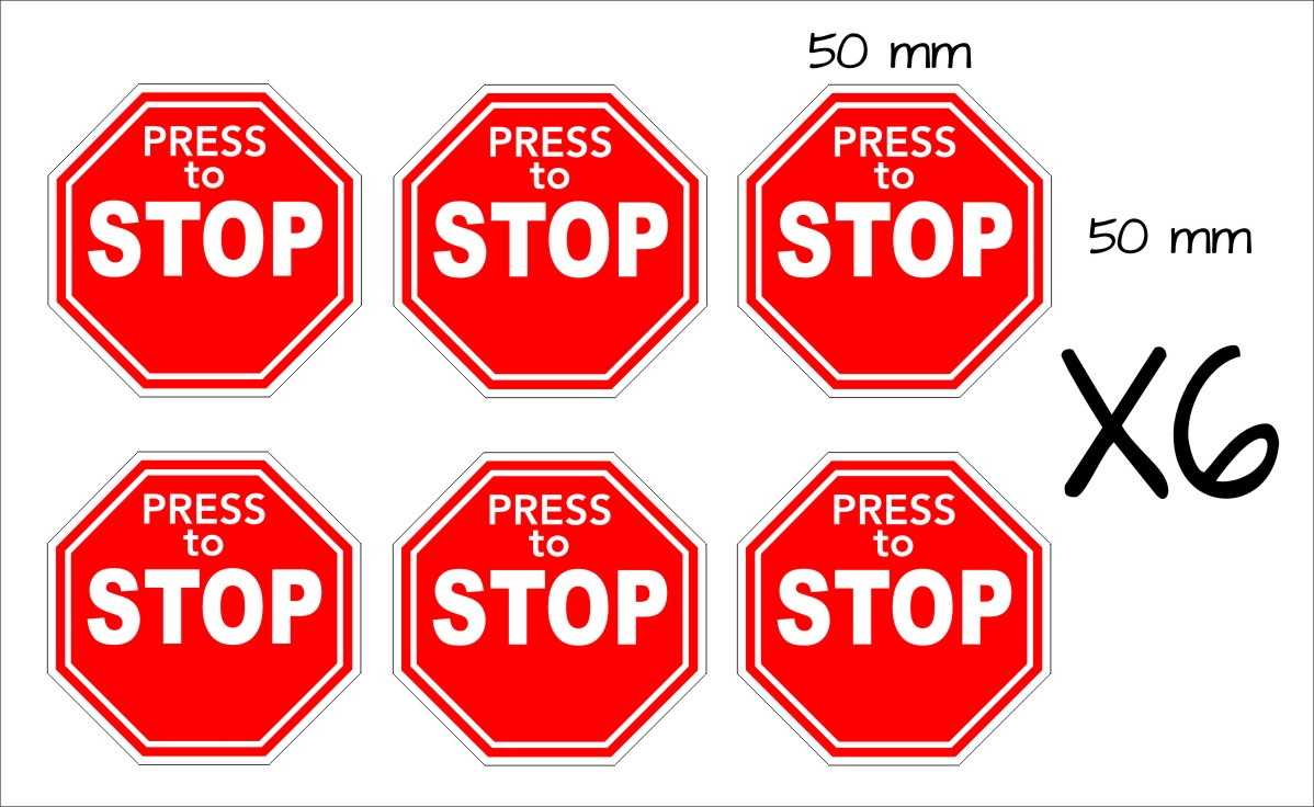 Press to STOP Stickers SIX (6) 50 mm each - Crazy Fish