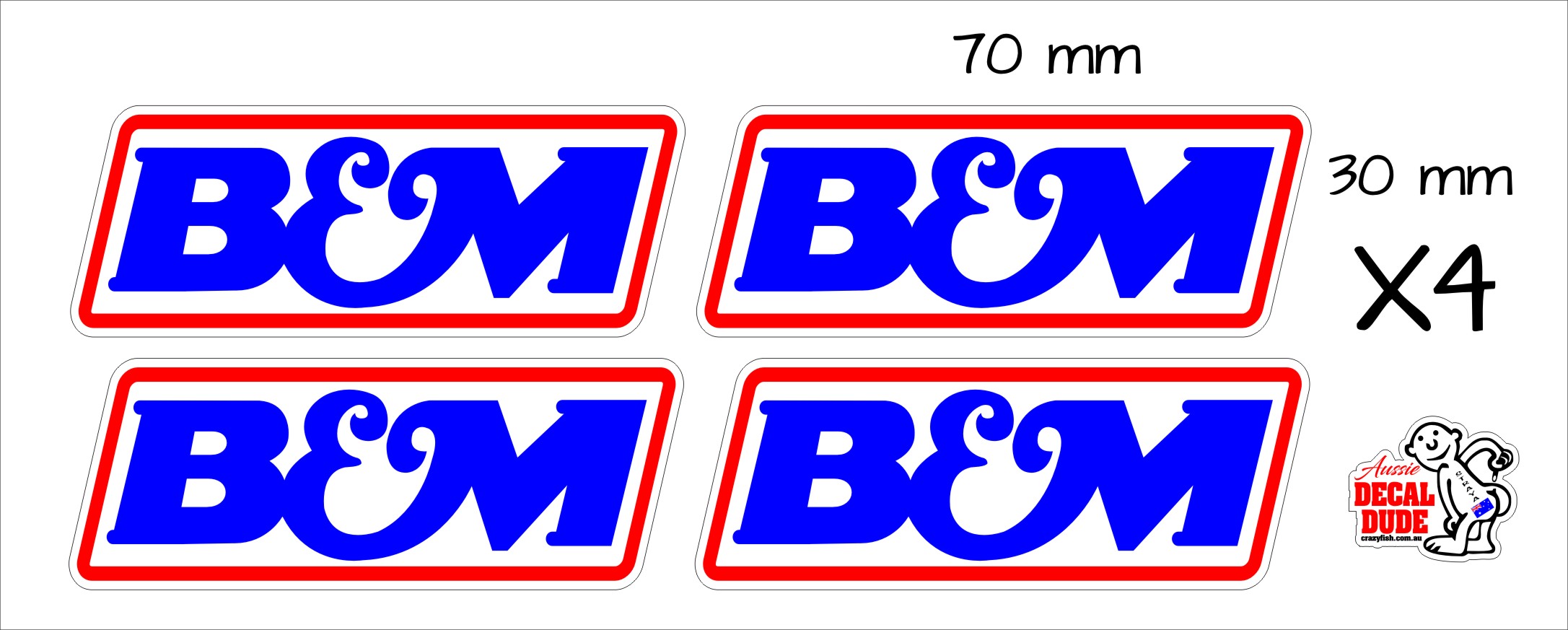 B&M Stickers FOUR (4) 70 x 30 mm each - Crazy Fish