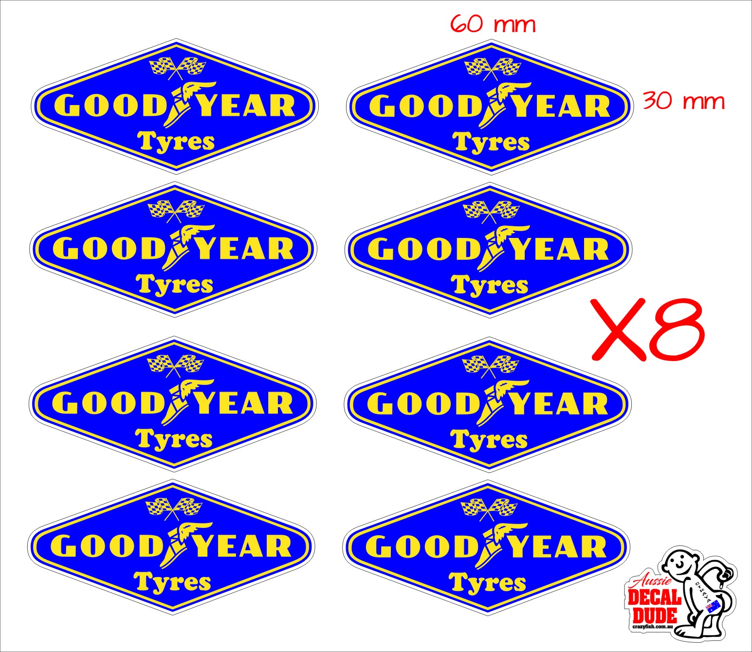 GOODYEAR Tyres Stickers EIGHT (8) 60 x 30 mm each - Crazy Fish