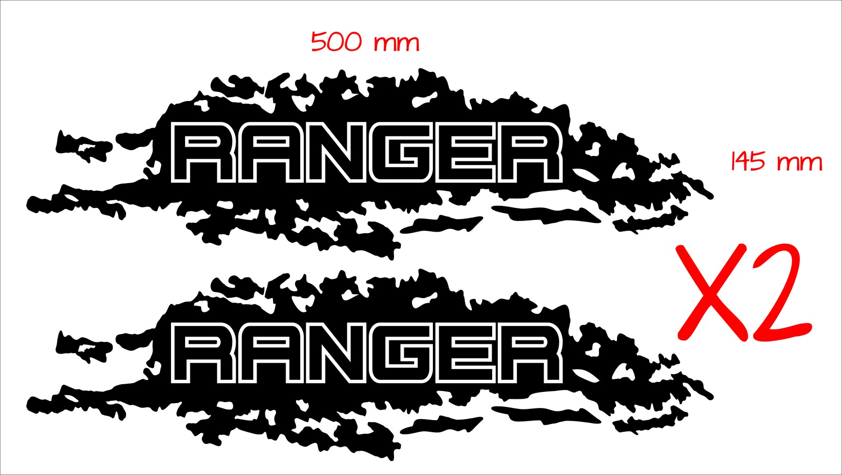 RANGER mud splash decals TWO (2) 500 x 145 mm each CONFIRM your color ...