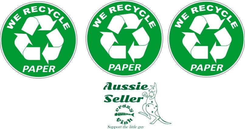 We Recycle Paper Stickers THREE (3) 90 mm each - Crazy Fish