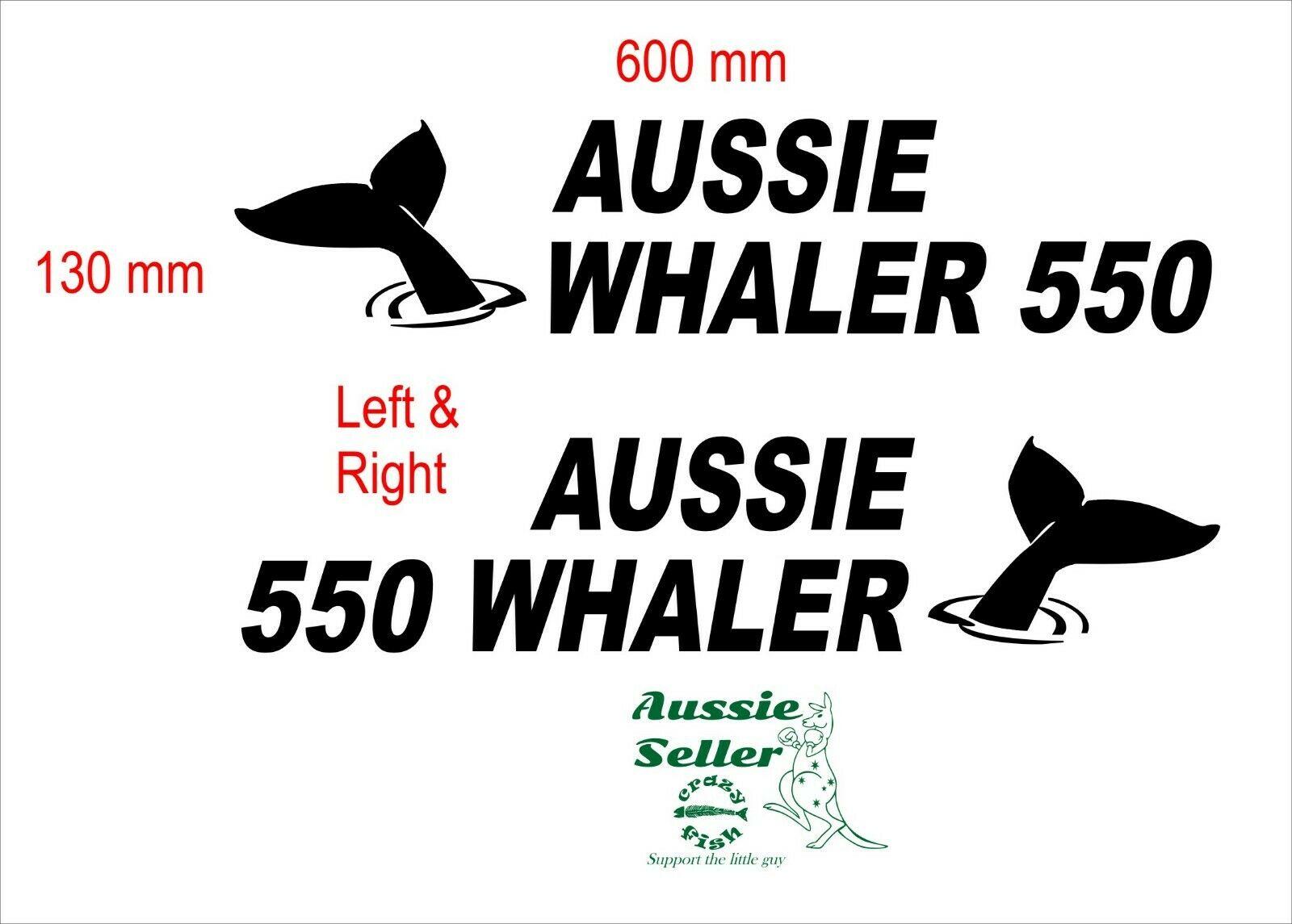 Aussie Whaler boat decals TWO (2) 600 x 130 mm each CONFIRM your color ...